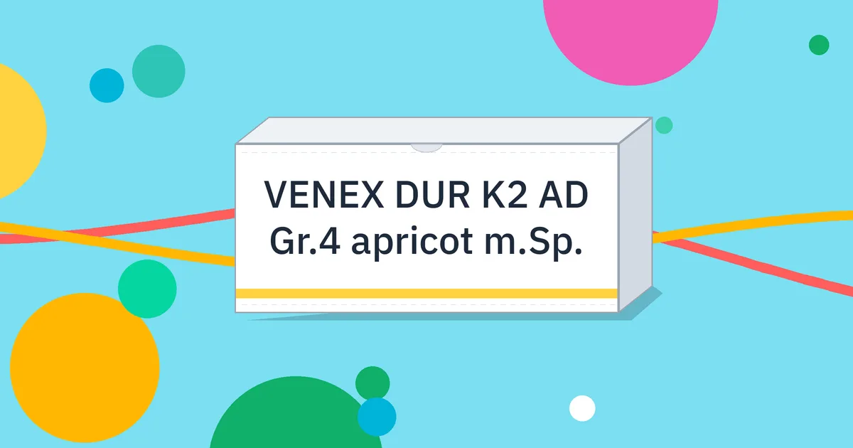 Symbolbild: Packung mit der Aufschrift VENEX DUR K2 AD Gr.4 apricot m.Sp. (PZN 03209120) – Verfügbarkeit und Bezug in Apotheken in Frankfurt am Main
