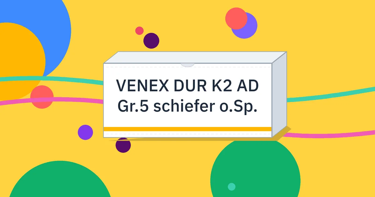 Symbolbild: Packung mit der Aufschrift VENEX DUR K2 AD Gr.5 schiefer o.Sp. (PZN 03211950) – Verfügbarkeit und Bezug in Apotheken in Frankfurt am Main
