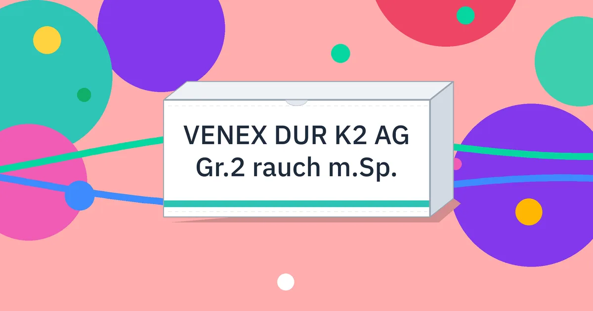 Symbolbild: Packung mit der Aufschrift VENEX DUR K2 AG Gr.2 rauch m.Sp. (PZN 03213156) – Verfügbarkeit und Bezug in Apotheken in Frankfurt am Main