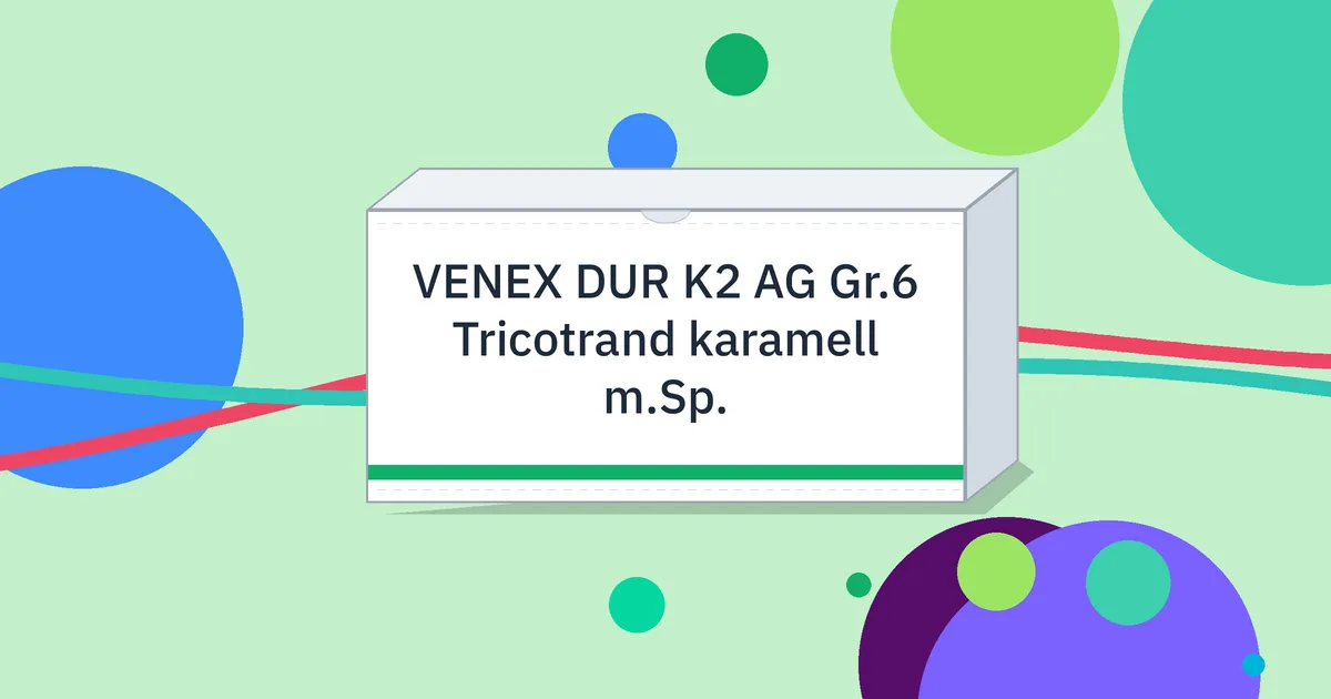 Symbolbild: Packung mit der Aufschrift VENEX DUR K2 AG Gr.6 Tricotrand karamell m.Sp. (PZN 13762852) – Verfügbarkeit und Bezug in Apotheken in Frankfurt am Main