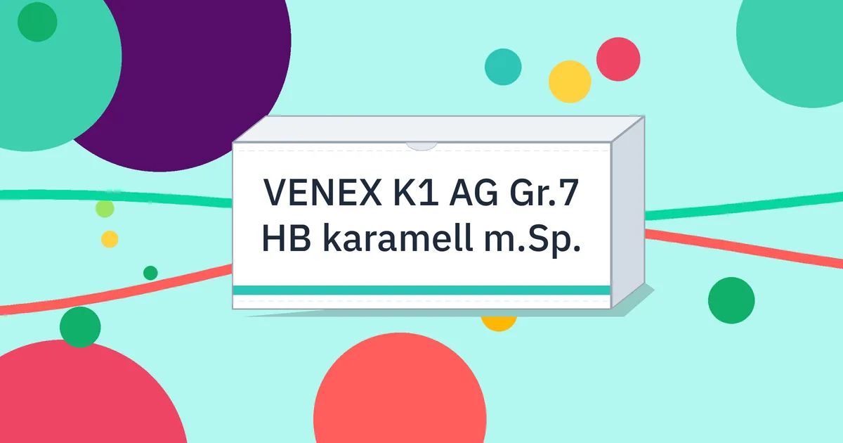 Symbolbild: Packung mit der Aufschrift VENEX K1 AG Gr.7 HB karamell m.Sp. (PZN 13757609) – Verfügbarkeit und Bezug in Apotheken in Frankfurt am Main