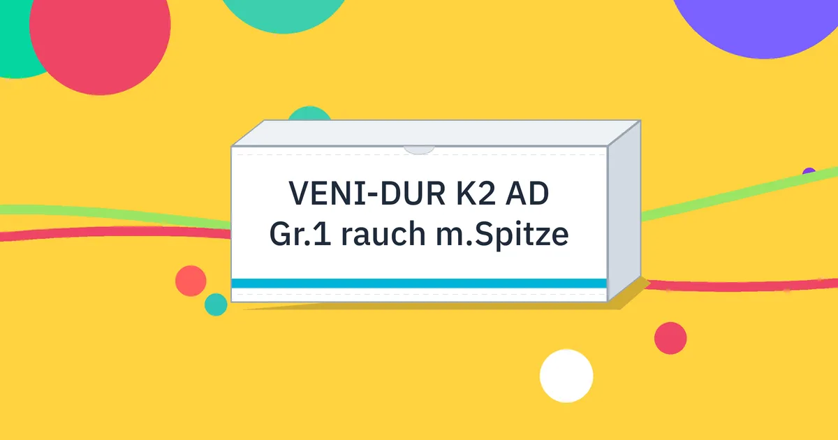 Symbolbild: Packung mit der Aufschrift VENI-DUR K2 AD Gr.1 rauch m.Spitze (PZN 08681175) – Verfügbarkeit und Bezug in Apotheken in Frankfurt am Main