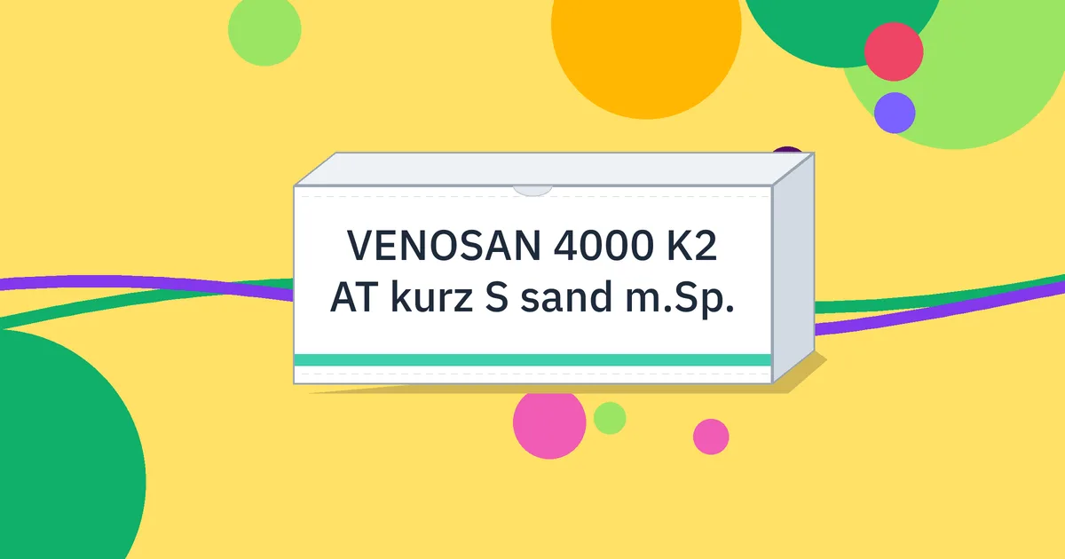 Symbolbild: Packung mit der Aufschrift VENOSAN 4000 K2 AT kurz S sand m.Sp. (PZN 14422555) – Verfügbarkeit und Bezug in Apotheken in Frankfurt am Main