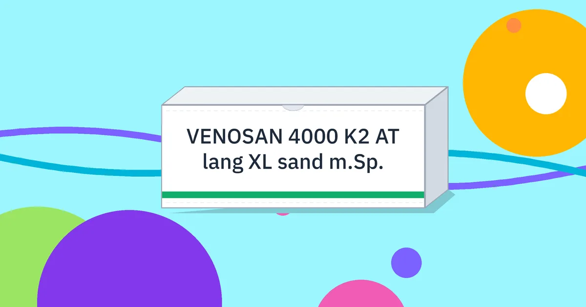 Symbolbild: Packung mit der Aufschrift VENOSAN 4000 K2 AT lang XL sand m.Sp. (PZN 14422549) – Verfügbarkeit und Bezug in Apotheken in Frankfurt am Main
