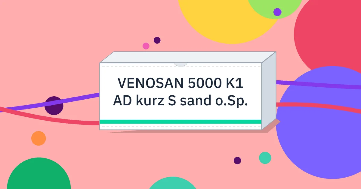 Symbolbild: Packung mit der Aufschrift VENOSAN 5000 K1 AD kurz S sand o.Sp. (PZN 14428084) – Verfügbarkeit und Bezug in Apotheken in Frankfurt am Main