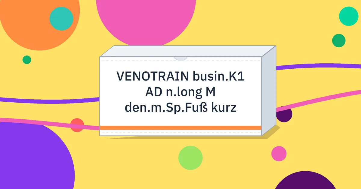 Symbolbild: Packung mit der Aufschrift VENOTRAIN busin.K1 AD n.long M den.m.Sp.Fuß kurz (PZN 19057391) – Verfügbarkeit und Bezug in Apotheken in Frankfurt am Main