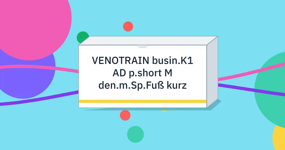 Symbolbild: Packung mit der Aufschrift VENOTRAIN busin.K1 AD p.short M den.m.Sp.Fuß kurz (PZN 19057468) – Verfügbarkeit und Bezug in Apotheken in Frankfurt am Main