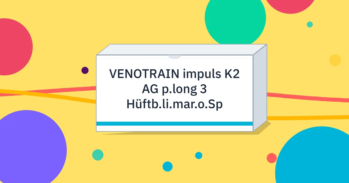 Symbolbild: Packung mit der Aufschrift VENOTRAIN impuls K2 AG p.long 3 Hüftb.li.mar.o.Sp (PZN 15219230) – Verfügbarkeit und Bezug in Apotheken in Frankfurt am Main