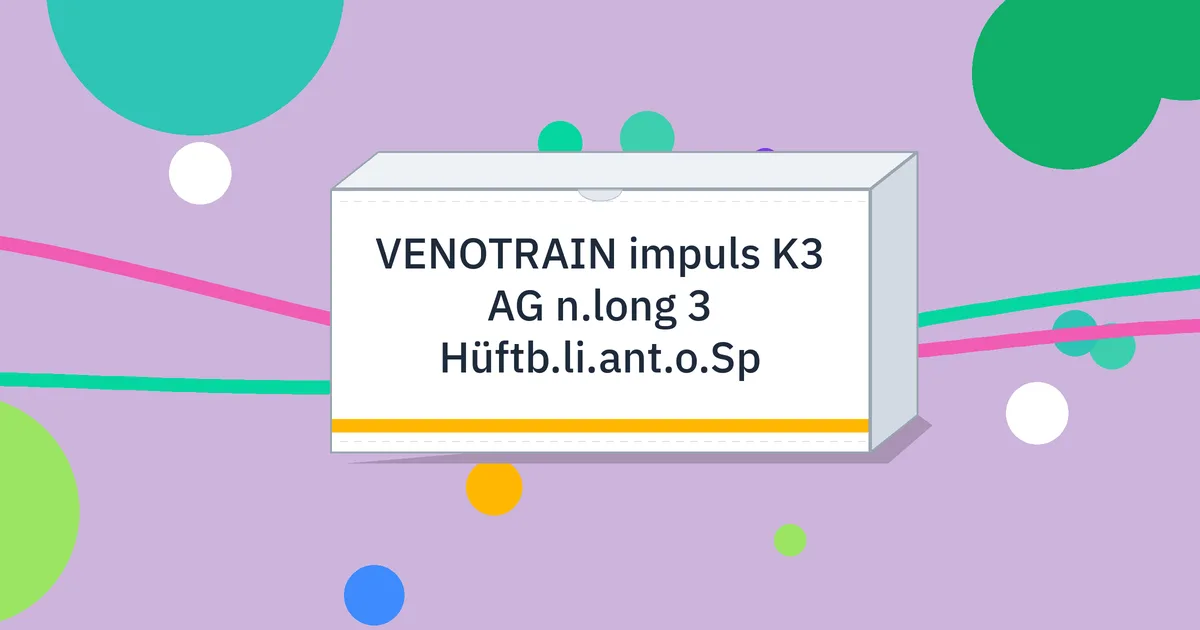 Symbolbild: Packung mit der Aufschrift VENOTRAIN impuls K3 AG n.long 3 Hüftb.li.ant.o.Sp (PZN 15220865) – Verfügbarkeit und Bezug in Apotheken in Frankfurt am Main