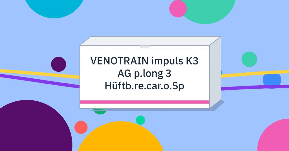 Symbolbild: Packung mit der Aufschrift VENOTRAIN impuls K3 AG p.long 3 Hüftb.re.car.o.Sp (PZN 08423473) – Verfügbarkeit und Bezug in Apotheken in Frankfurt am Main
