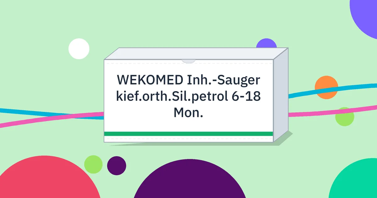Symbolbild: Packung mit der Aufschrift WEKOMED Inh.-Sauger kief.orth.Sil.petrol 6-18 Mon. (PZN 09238252) – Verfügbarkeit und Bezug in Apotheken in Frankfurt am Main
