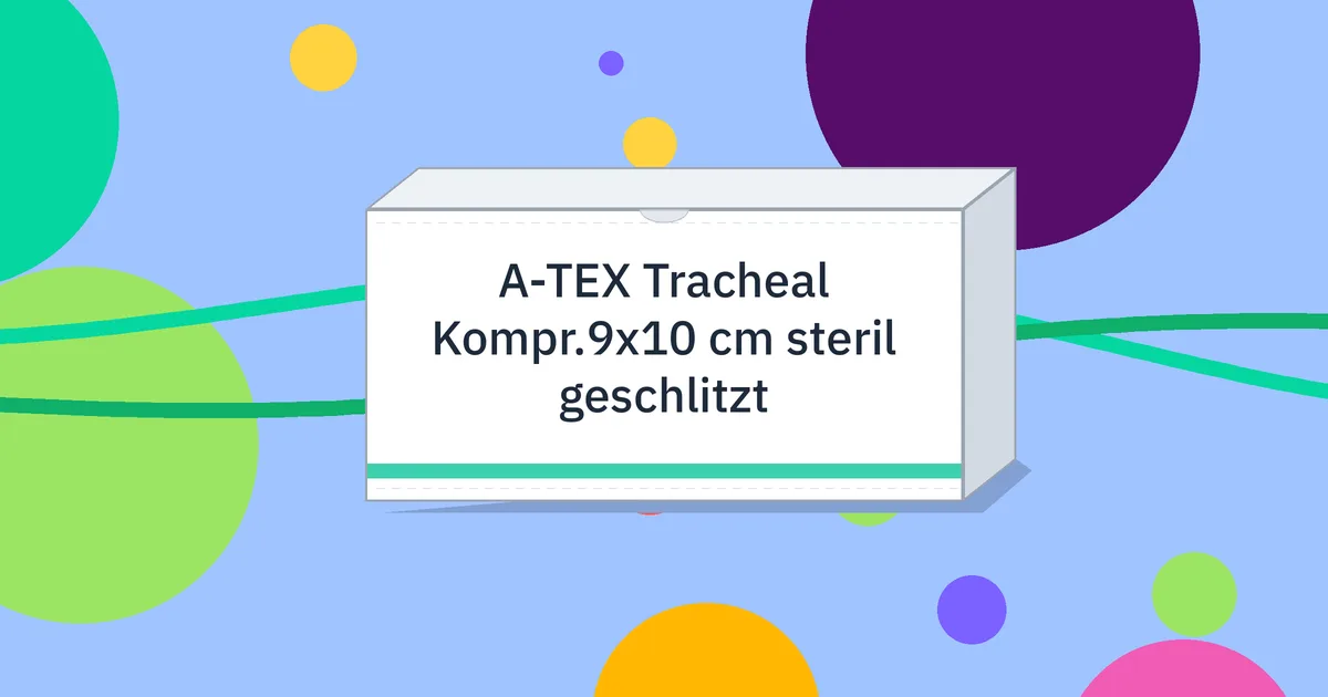 Symbolbild: Packung mit der Aufschrift A-TEX Tracheal Kompr.9x10 cm steril geschlitzt (PZN 06570690) – Verfügbarkeit und Bezug in Apotheken in Frankfurt am Main