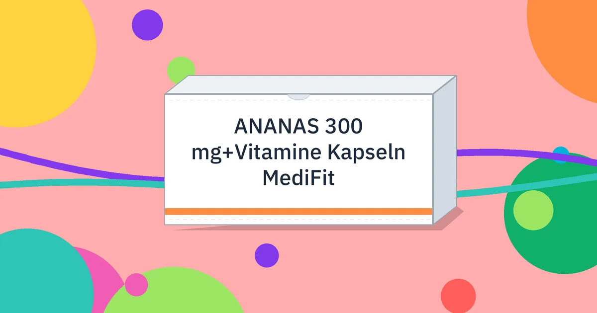 Symbolbild: Packung mit der Aufschrift ANANAS 300 mg+Vitamine Kapseln MediFit (PZN 13417138) – Verfügbarkeit und Bezug in Apotheken in Frankfurt am Main