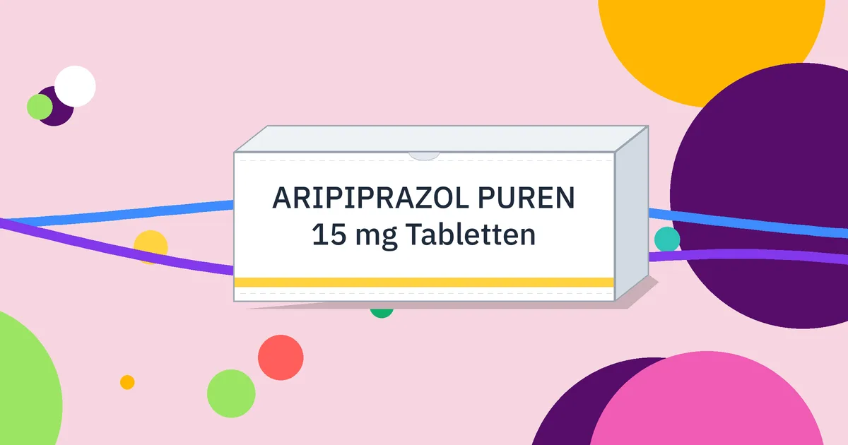 Symbolbild: Packung mit der Aufschrift ARIPIPRAZOL PUREN 15 mg Tabletten (PZN 12454019) – Verfügbarkeit und Bezug in Apotheken in Frankfurt am Main