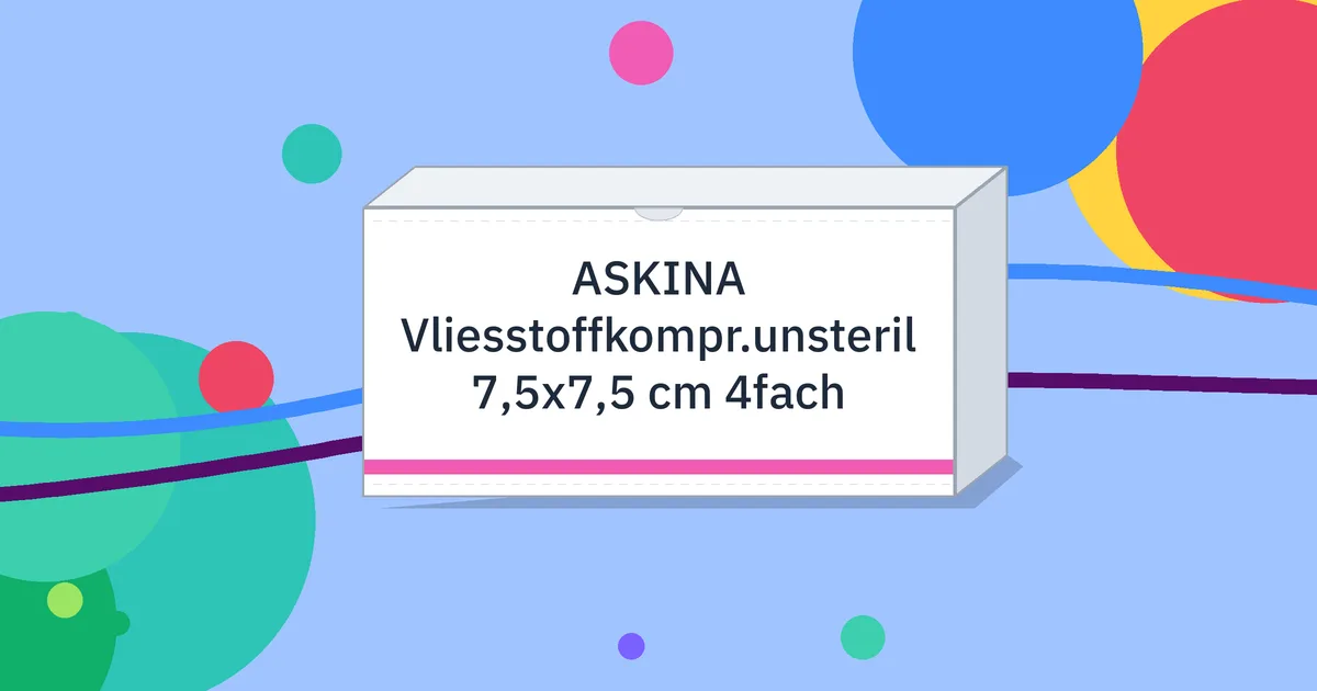 Symbolbild: Packung mit der Aufschrift ASKINA Vliesstoffkompr.unsteril 7,5x7,5 cm 4fach (PZN 10041098) – Verfügbarkeit und Bezug in Apotheken in Frankfurt am Main