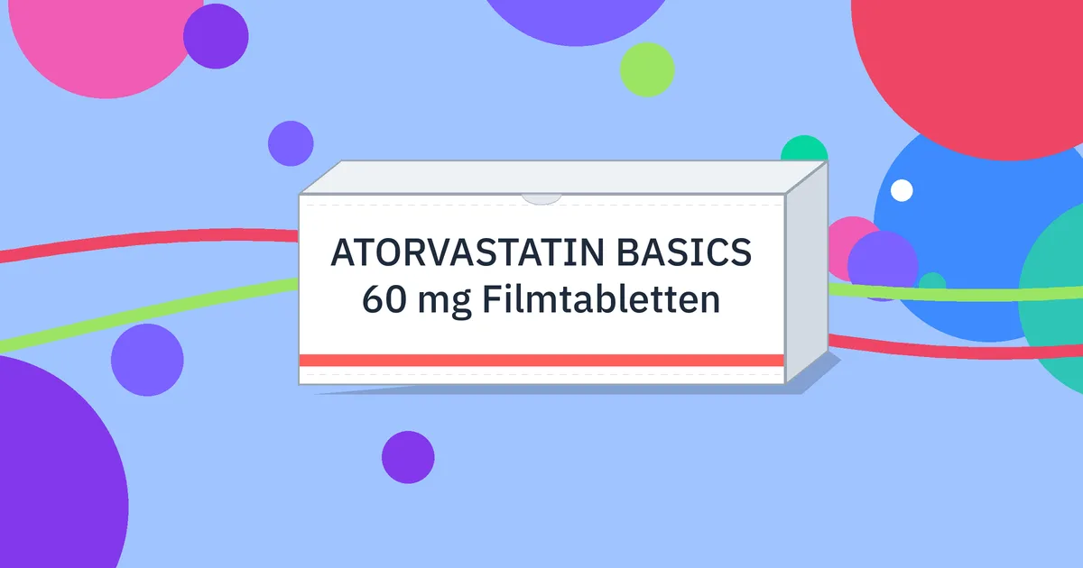 Symbolbild: Packung mit der Aufschrift ATORVASTATIN BASICS 60 mg Filmtabletten (PZN 11083957) – Verfügbarkeit und Bezug in Apotheken in Frankfurt am Main