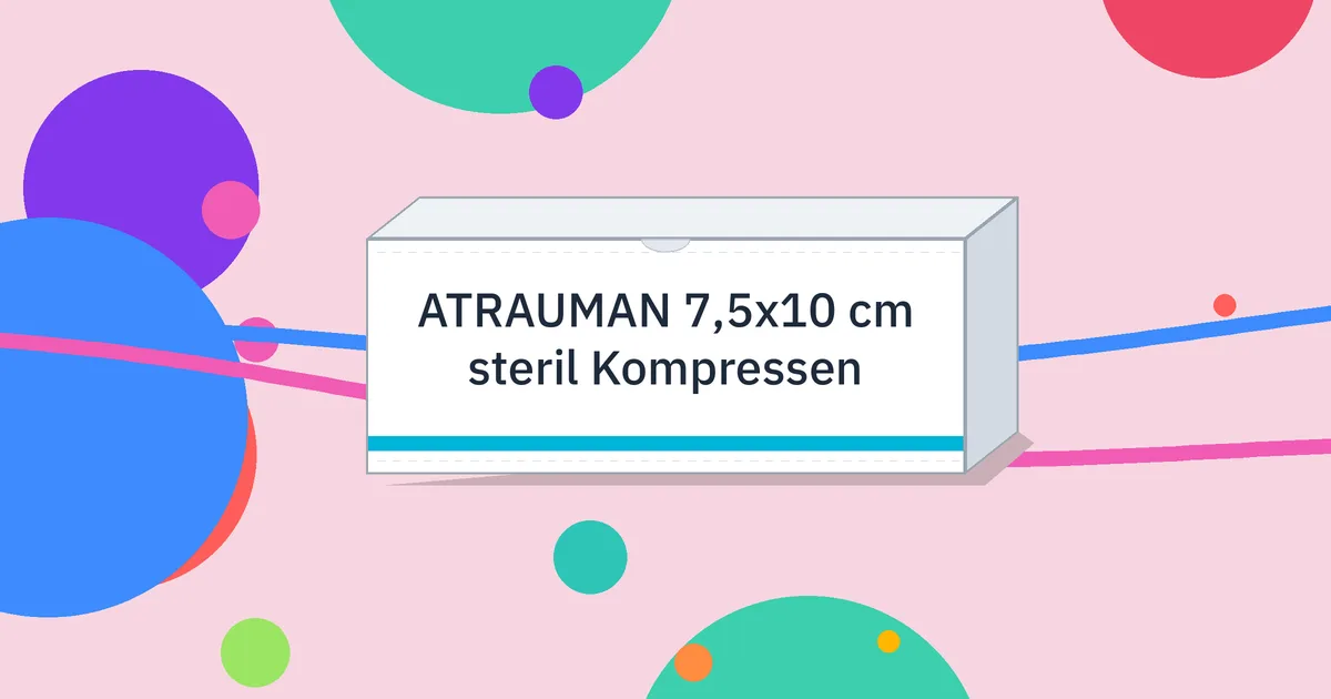 Symbolbild: Packung mit der Aufschrift ATRAUMAN 7,5x10 cm steril Kompressen (PZN 18043375) – Verfügbarkeit und Bezug in Apotheken in Frankfurt am Main