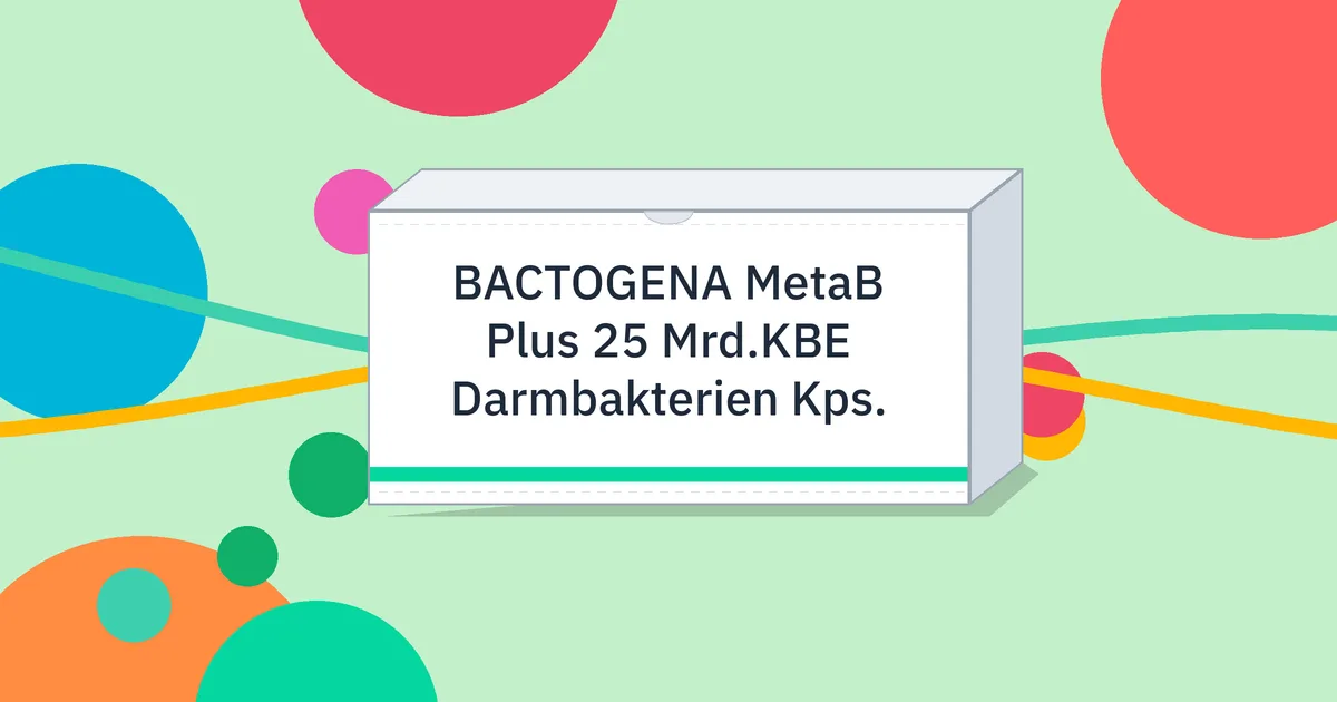 Symbolbild: Packung mit der Aufschrift BACTOGENA MetaB Plus 25 Mrd.KBE Darmbakterien Kps. (PZN 20540690) – Verfügbarkeit und Bezug in Apotheken in Frankfurt am Main