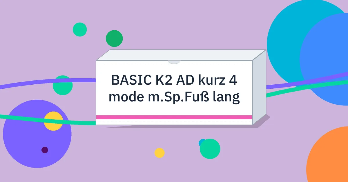 Symbolbild: Packung mit der Aufschrift BASIC K2 AD kurz 4 mode m.Sp.Fuß lang (PZN 20265031) – Verfügbarkeit und Bezug in Apotheken in Frankfurt am Main