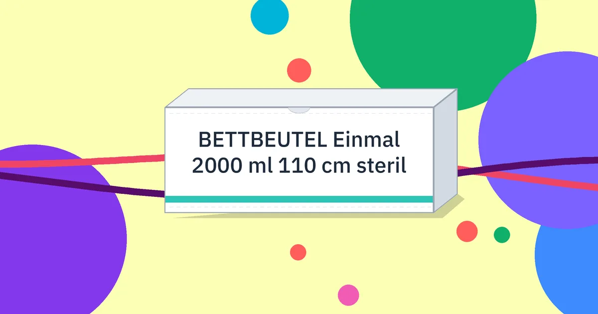 Symbolbild: Packung mit der Aufschrift BETTBEUTEL Einmal 2000 ml 110 cm steril (PZN 18201615) – Verfügbarkeit und Bezug in Apotheken in Frankfurt am Main