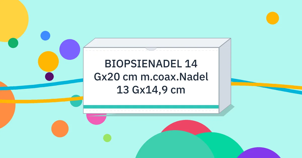 Symbolbild: Packung mit der Aufschrift BIOPSIENADEL 14 Gx20 cm m.coax.Nadel 13 Gx14,9 cm (PZN 12570837) – Verfügbarkeit und Bezug in Apotheken in Frankfurt am Main