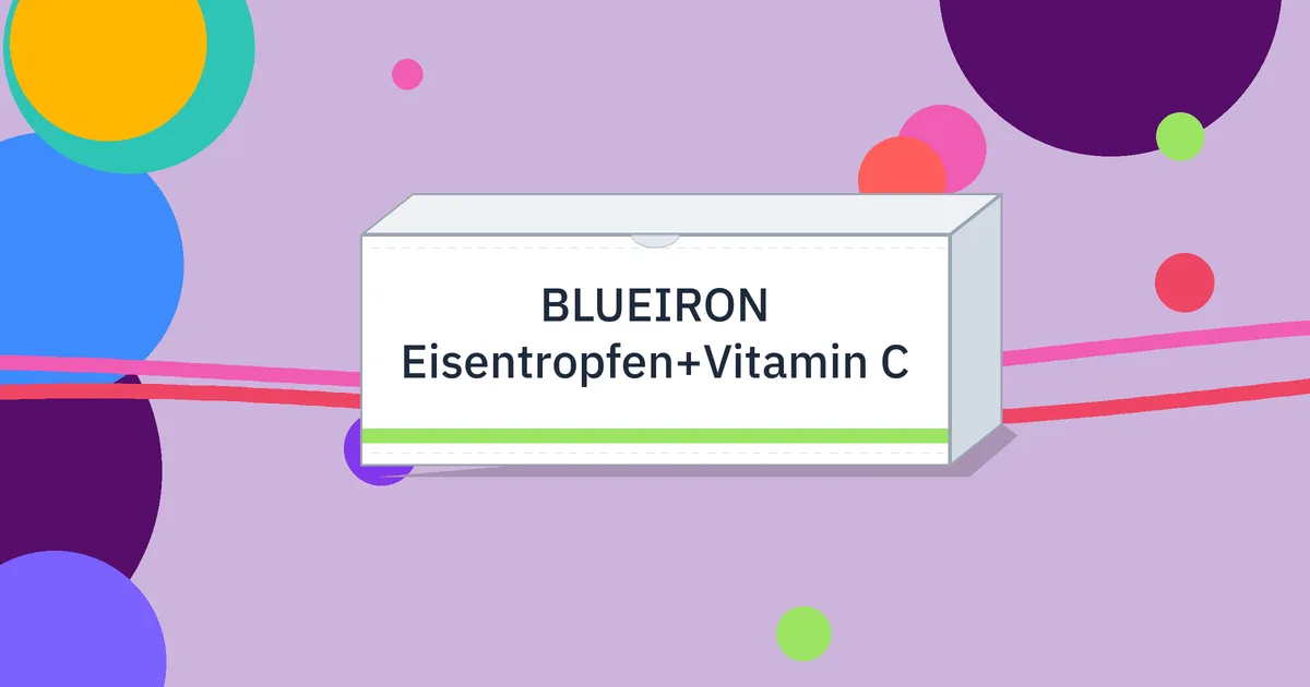 Symbolbild: Packung mit der Aufschrift BLUEIRON Eisentropfen+Vitamin C (PZN 19834297) – Verfügbarkeit und Bezug in Apotheken in Frankfurt am Main