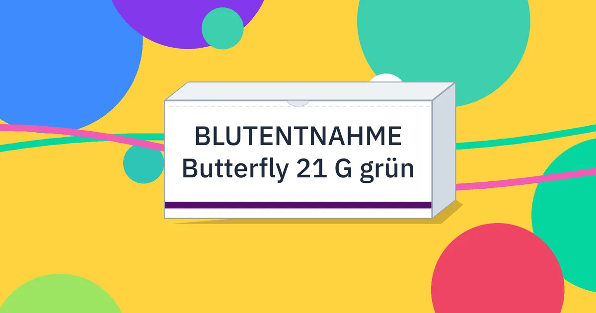 Symbolbild: Packung mit der Aufschrift BLUTENTNAHME Butterfly 21 G grün (PZN 09618902) – Verfügbarkeit und Bezug in Apotheken in Frankfurt am Main