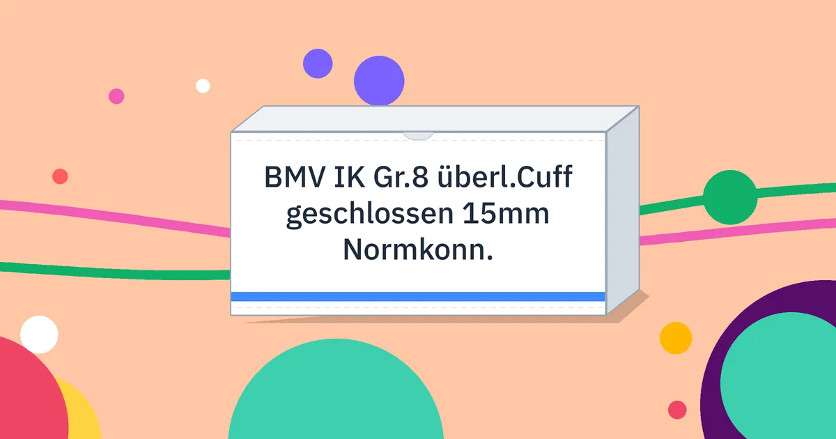 Symbolbild: Packung mit der Aufschrift BMV IK Gr.8 überl.Cuff geschlossen 15mm Normkonn. (PZN 18381787) – Verfügbarkeit und Bezug in Apotheken in Frankfurt am Main