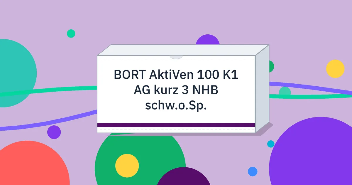Symbolbild: Packung mit der Aufschrift BORT AktiVen 100 K1 AG kurz 3 NHB schw.o.Sp. (PZN 14387729) – Verfügbarkeit und Bezug in Apotheken in Frankfurt am Main