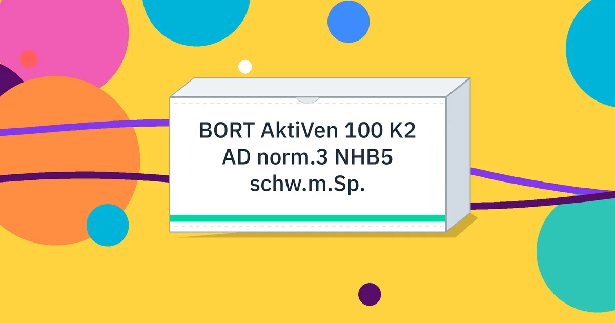Symbolbild: Packung mit der Aufschrift BORT AktiVen 100 K2 AD norm.3 NHB5 schw.m.Sp. (PZN 17497051) – Verfügbarkeit und Bezug in Apotheken in Frankfurt am Main