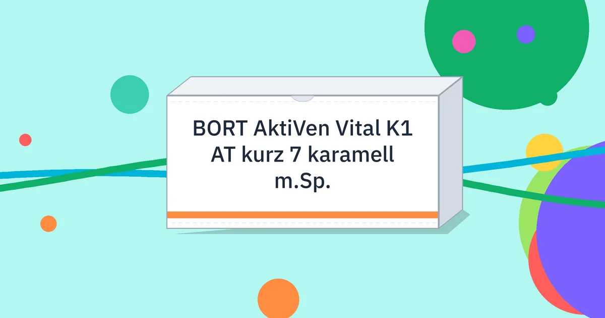 Symbolbild: Packung mit der Aufschrift BORT AktiVen Vital K1 AT kurz 7 karamell m.Sp. (PZN 13737222) – Verfügbarkeit und Bezug in Apotheken in Frankfurt am Main