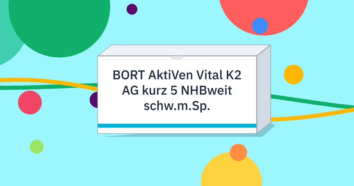 Symbolbild: Packung mit der Aufschrift BORT AktiVen Vital K2 AG kurz 5 NHBweit schw.m.Sp. (PZN 12385258) – Verfügbarkeit und Bezug in Apotheken in Frankfurt am Main