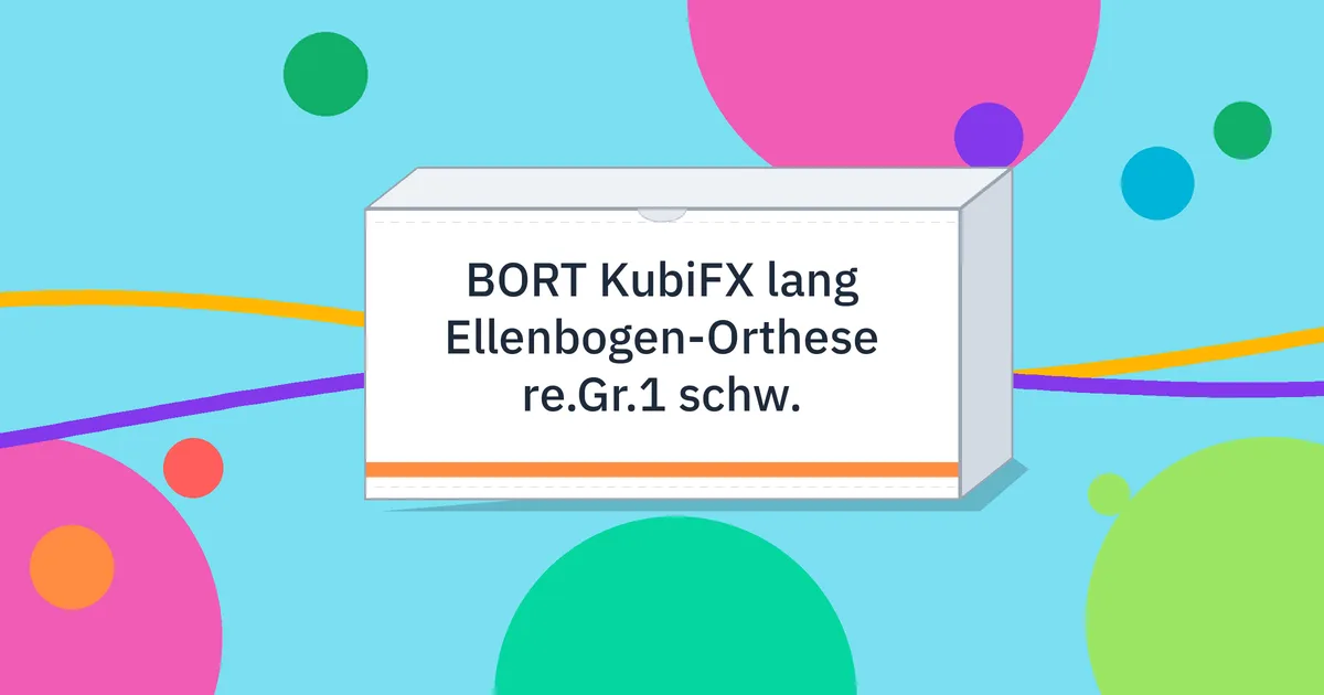 Symbolbild: Packung mit der Aufschrift BORT KubiFX lang Ellenbogen-Orthese re.Gr.1 schw. (PZN 04195696) – Verfügbarkeit und Bezug in Apotheken in Frankfurt am Main