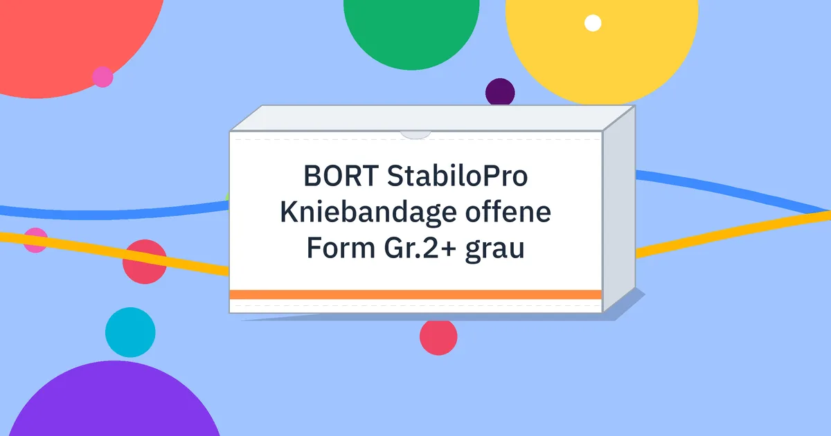 Symbolbild: Packung mit der Aufschrift BORT StabiloPro Kniebandage offene Form Gr.2+ grau (PZN 15256857) – Verfügbarkeit und Bezug in Apotheken in Frankfurt am Main