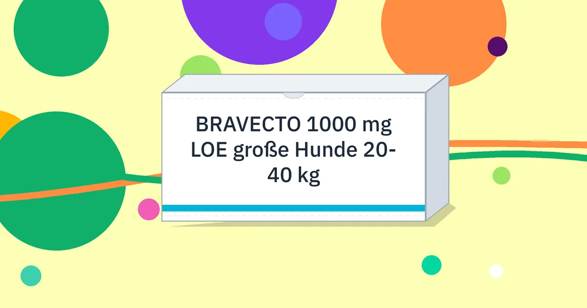 Symbolbild: Packung mit der Aufschrift BRAVECTO 1000 mg LOE große Hunde 20-40 kg (PZN 12642608) – Verfügbarkeit und Bezug in Apotheken in Frankfurt am Main