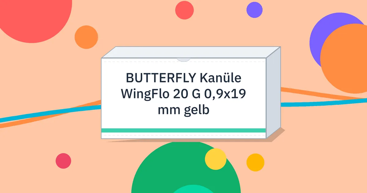 Symbolbild: Packung mit der Aufschrift BUTTERFLY Kanüle WingFlo 20 G 0,9x19 mm gelb (PZN 18054947) – Verfügbarkeit und Bezug in Apotheken in Frankfurt am Main