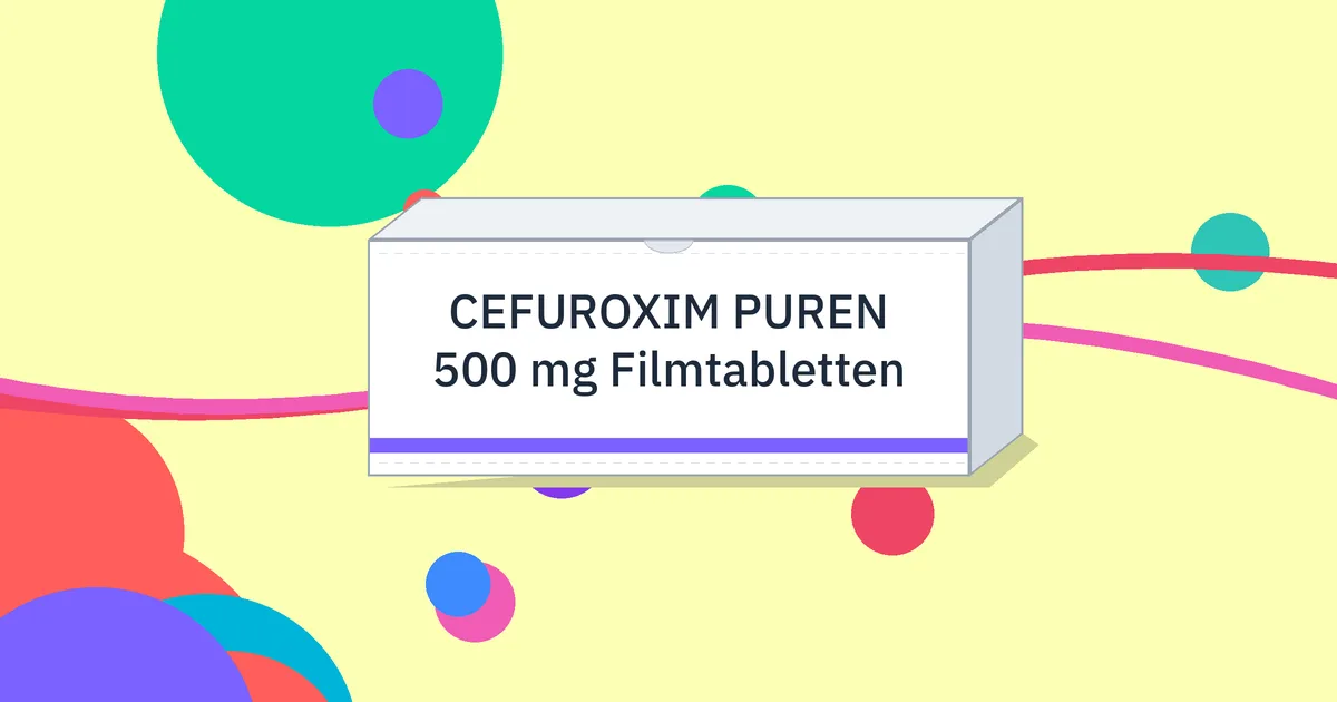 Symbolbild: Packung mit der Aufschrift CEFUROXIM PUREN 500 mg Filmtabletten (PZN 12584839) – Verfügbarkeit und Bezug in Apotheken in Frankfurt am Main