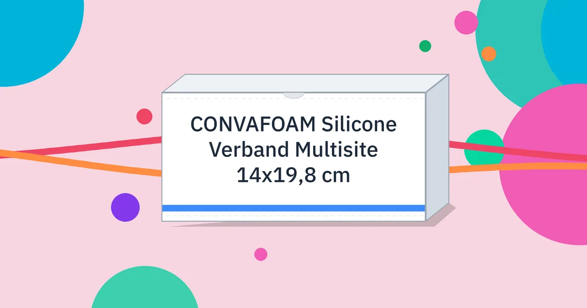 Symbolbild: Packung mit der Aufschrift CONVAFOAM Silicone Verband Multisite 14x19,8 cm (PZN 20393378) – Verfügbarkeit und Bezug in Apotheken in Frankfurt am Main