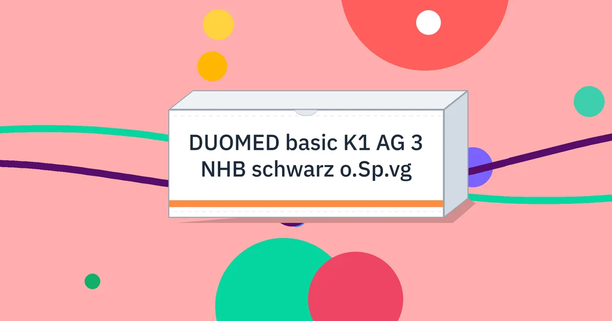 Symbolbild: Packung mit der Aufschrift DUOMED basic K1 AG 3 NHB schwarz o.Sp.vg (PZN 20905418) – Verfügbarkeit und Bezug in Apotheken in Frankfurt am Main