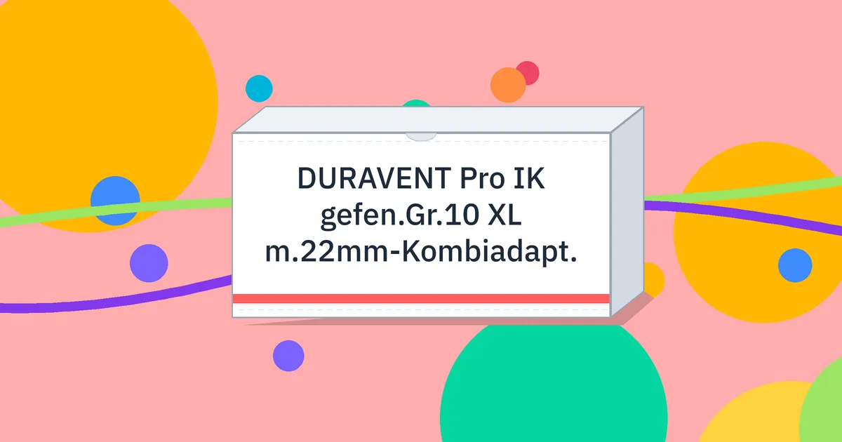 Symbolbild: Packung mit der Aufschrift DURAVENT Pro IK gefen.Gr.10 XL m.22mm-Kombiadapt. (PZN 19243515) – Verfügbarkeit und Bezug in Apotheken in Frankfurt am Main