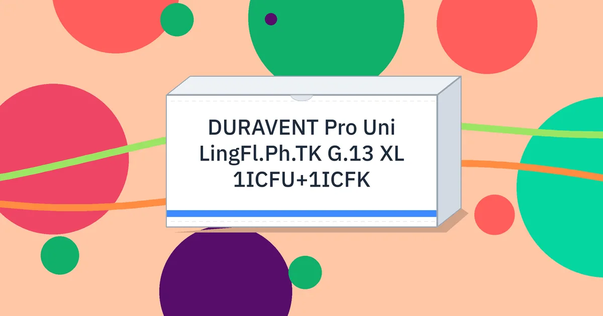 Symbolbild: Packung mit der Aufschrift DURAVENT Pro Uni LingFl.Ph.TK G.13 XL 1ICFU+1ICFK (PZN 19273172) – Verfügbarkeit und Bezug in Apotheken in Frankfurt am Main