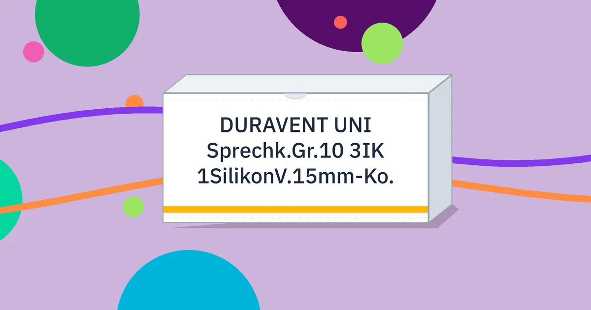 Symbolbild: Packung mit der Aufschrift DURAVENT UNI Sprechk.Gr.10 3IK 1SilikonV.15mm-Ko. (PZN 02083444) – Verfügbarkeit und Bezug in Apotheken in Frankfurt am Main