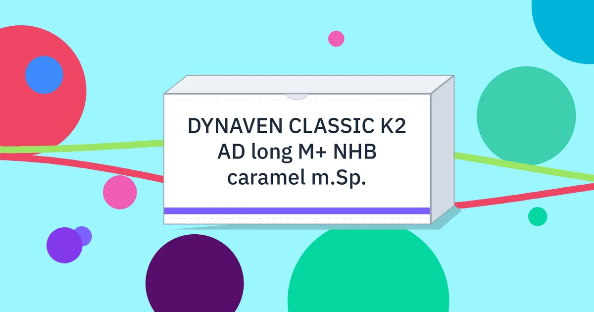 Symbolbild: Packung mit der Aufschrift DYNAVEN CLASSIC K2 AD long M+ NHB caramel m.Sp. (PZN 18418208) – Verfügbarkeit und Bezug in Apotheken in Frankfurt am Main