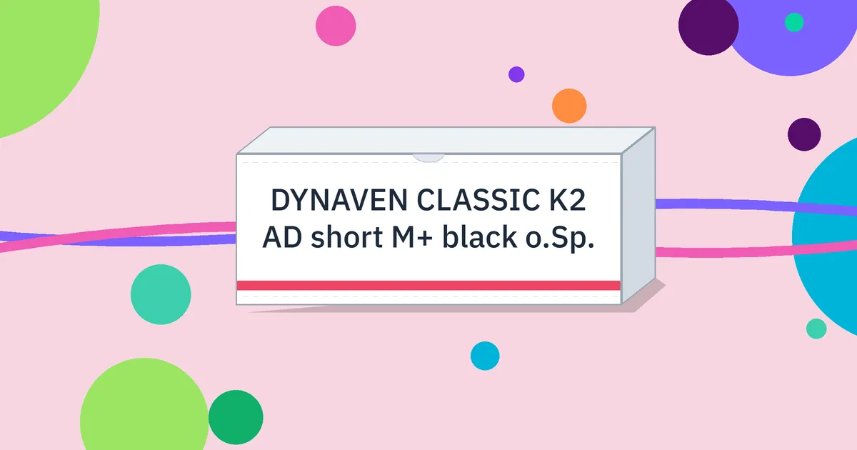 Symbolbild: Packung mit der Aufschrift DYNAVEN CLASSIC K2 AD short M+ black o.Sp. (PZN 18417172) – Verfügbarkeit und Bezug in Apotheken in Frankfurt am Main