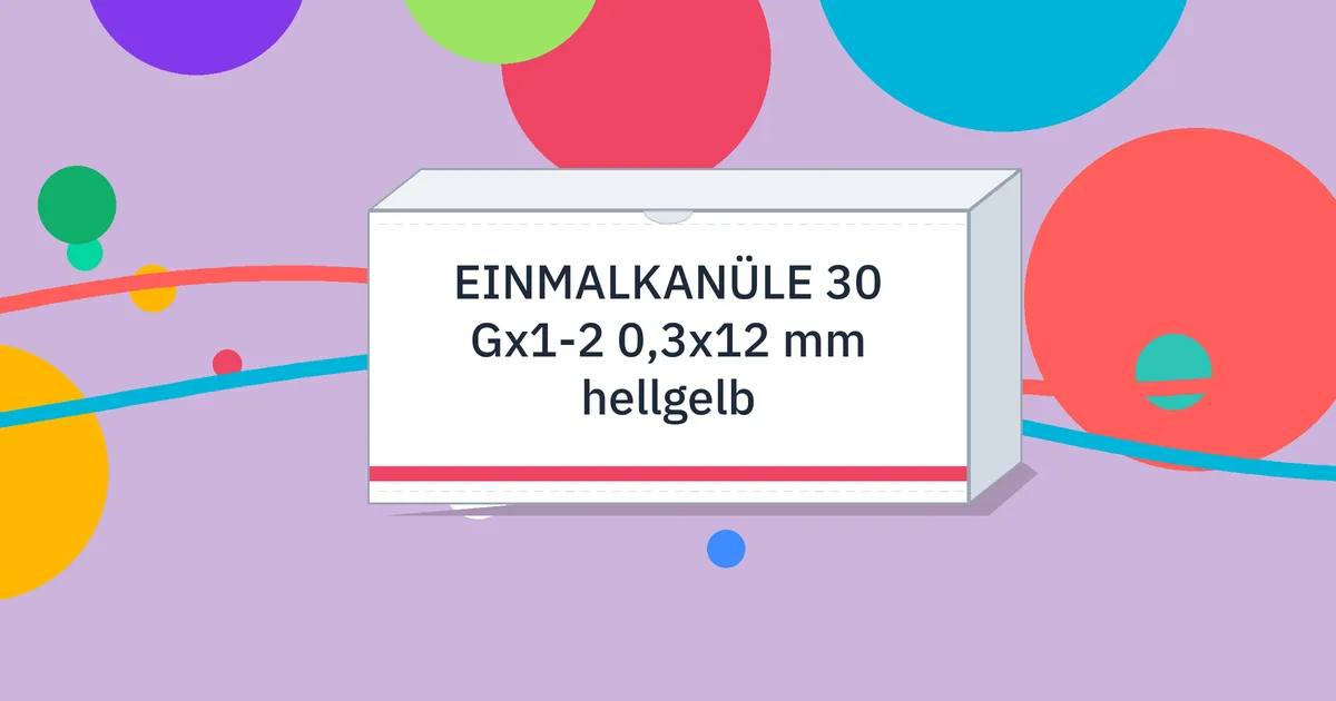 Symbolbild: Packung mit der Aufschrift EINMALKANÜLE 30 Gx1-2 0,3x12 mm hellgelb (PZN 20174966) – Verfügbarkeit und Bezug in Apotheken in Frankfurt am Main