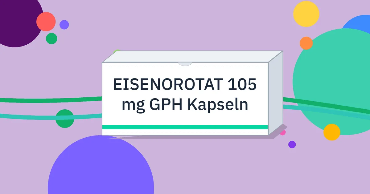 Symbolbild: Packung mit der Aufschrift EISENOROTAT 105 mg GPH Kapseln (PZN 16935448) – Verfügbarkeit und Bezug in Apotheken in Frankfurt am Main