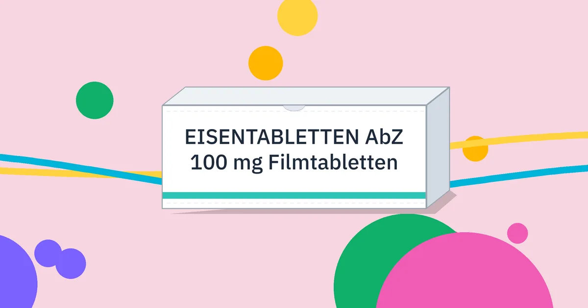 Symbolbild: Packung mit der Aufschrift EISENTABLETTEN AbZ 100 mg Filmtabletten (PZN 06683750) – Verfügbarkeit und Bezug in Apotheken in Frankfurt am Main