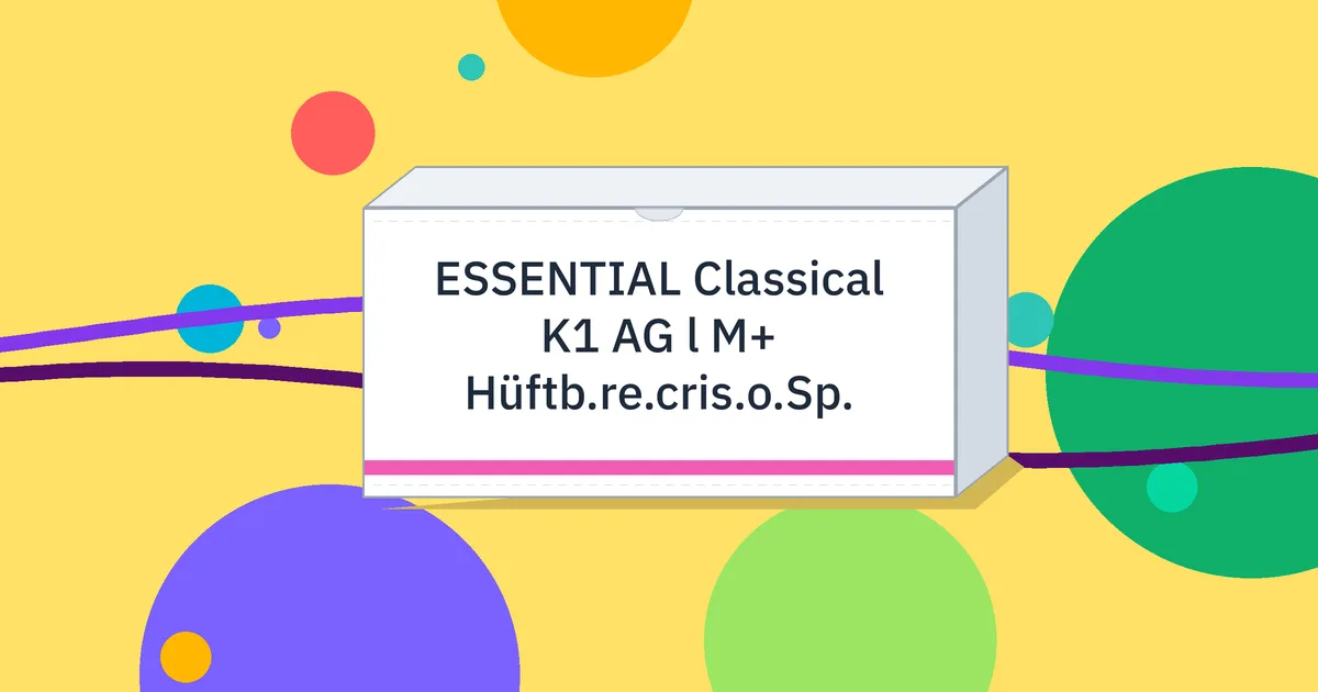 Symbolbild: Packung mit der Aufschrift ESSENTIAL Classical K1 AG l M+ Hüftb.re.cris.o.Sp. (PZN 17012349) – Verfügbarkeit und Bezug in Apotheken in Frankfurt am Main
