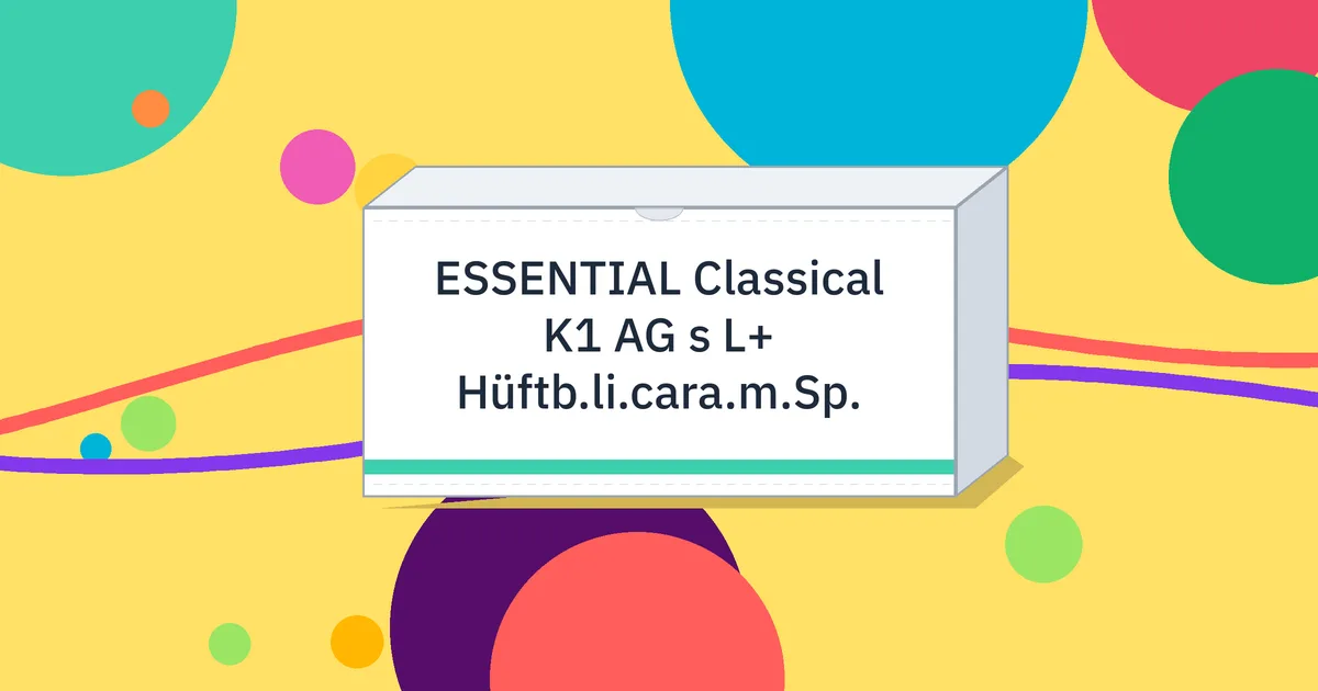 Symbolbild: Packung mit der Aufschrift ESSENTIAL Classical K1 AG s L+ Hüftb.li.cara.m.Sp. (PZN 17011628) – Verfügbarkeit und Bezug in Apotheken in Frankfurt am Main