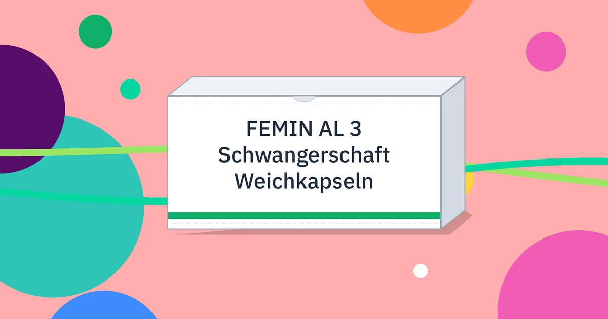 Symbolbild: Packung mit der Aufschrift FEMIN AL 3 Schwangerschaft Weichkapseln (PZN 18886599) – Verfügbarkeit und Bezug in Apotheken in Frankfurt am Main